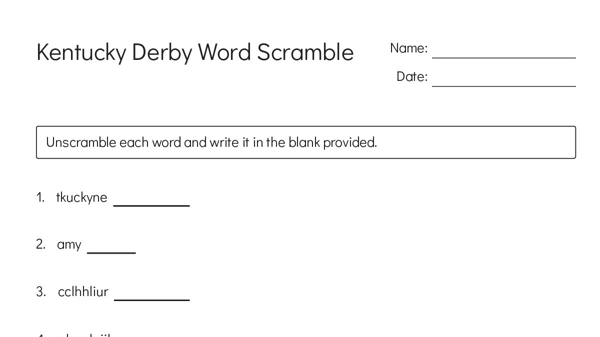 Kentucky Derby Word Scramble - My Worksheet Maker: Create Your Own ...