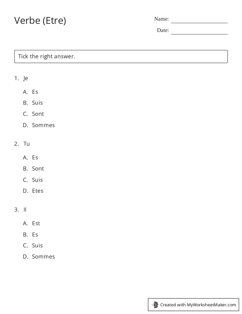 Verbe (Etre) - My Worksheet Maker: Create Your Own Worksheets