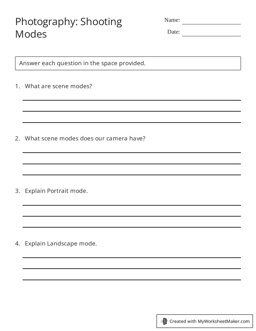 Photography: Shooting Modes - My Worksheet Maker: Create Your Own Worksheets