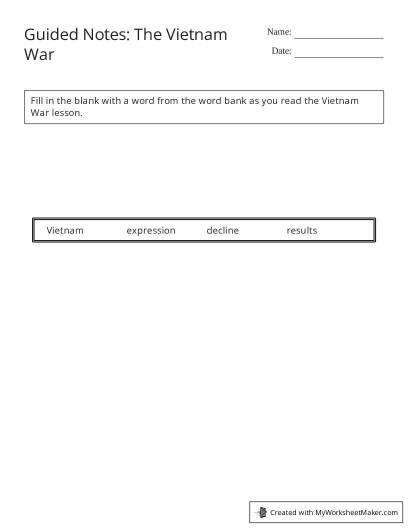 Guided Notes: The Vietnam War - My Worksheet Maker: Create Your Own ...