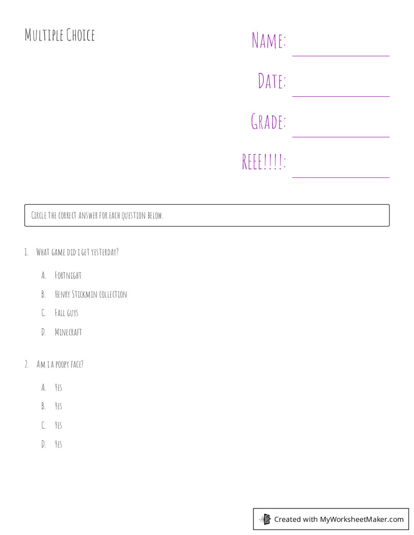 Multiple Choice - My Worksheet Maker: Create Your Own Worksheets
