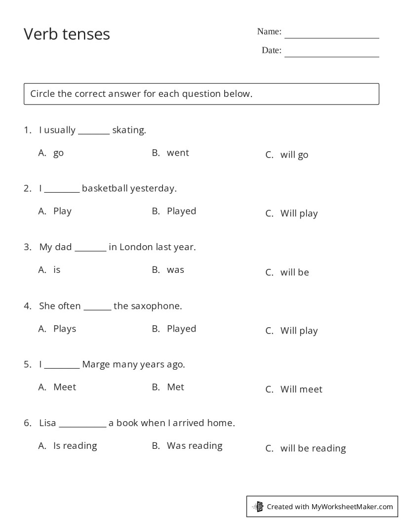 Verb tenses - My Worksheet Maker: Create Your Own Worksheets