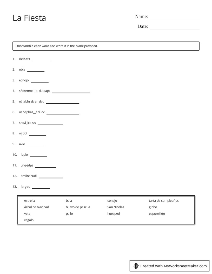 La Fiesta - My Worksheet Maker: Create Your Own Worksheets