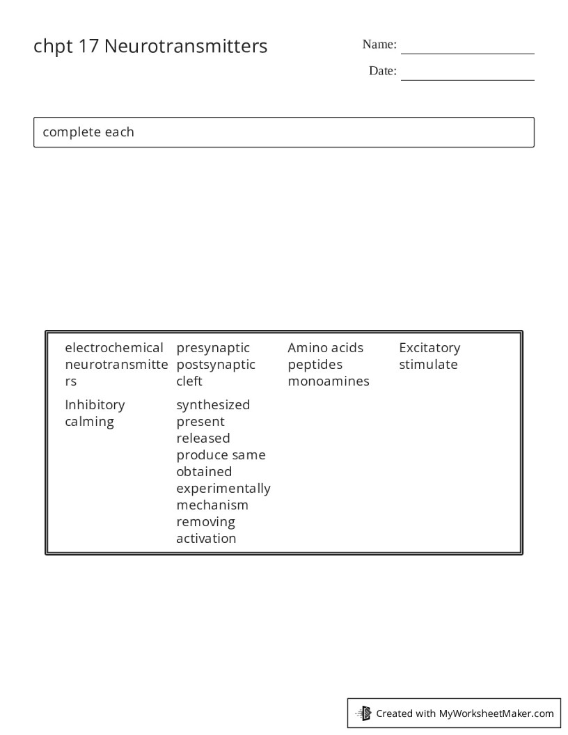 chpt 17 Neurotransmitters - My Worksheet Maker: Create Your Own Worksheets