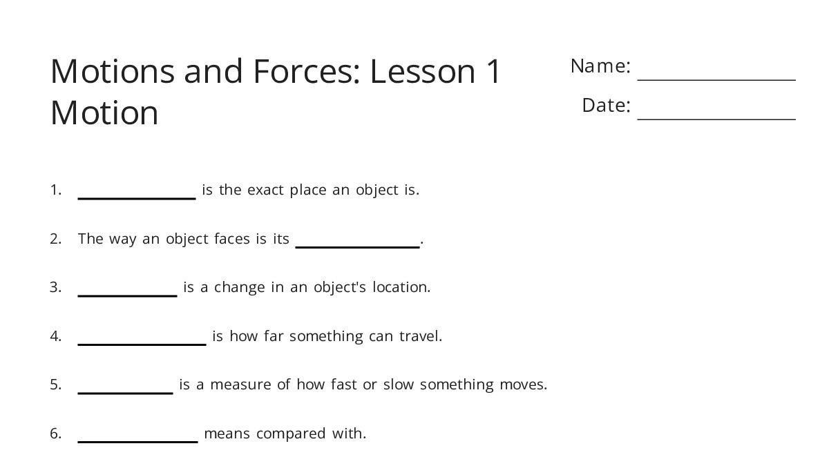 Motions and Forces: Lesson 1 Motion - My Worksheet Maker: Create Your ...