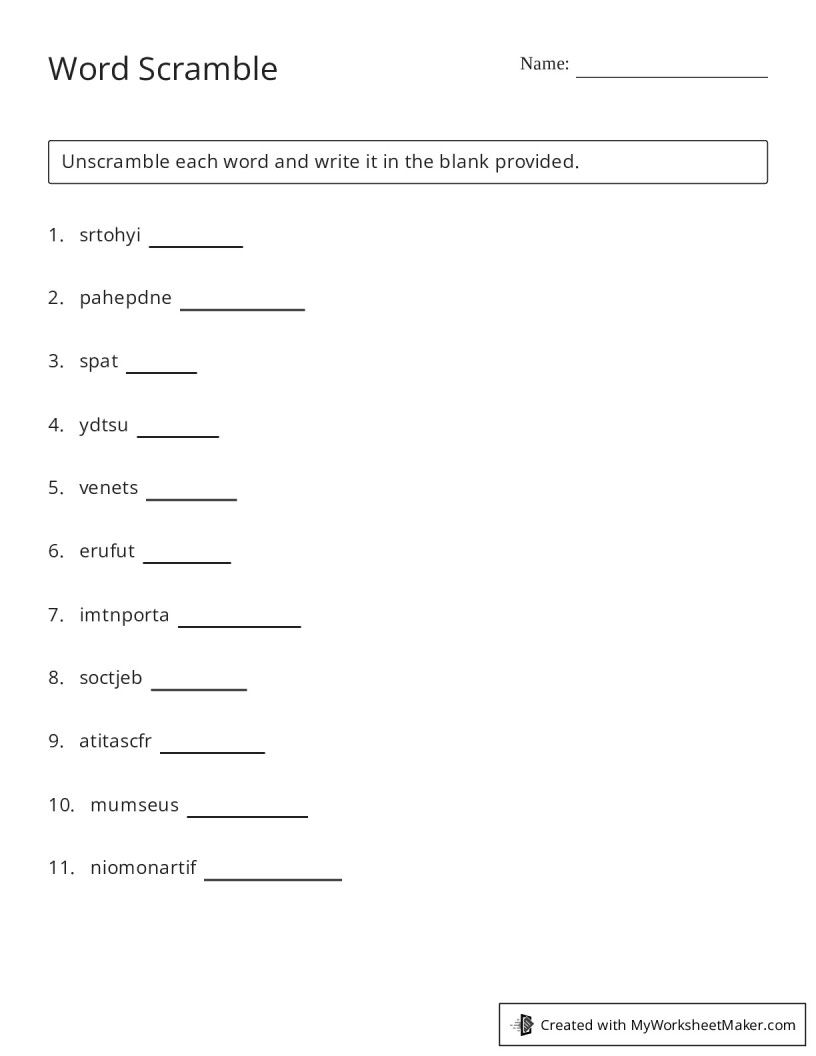 Word Scramble - My Worksheet Maker: Create Your Own Worksheets