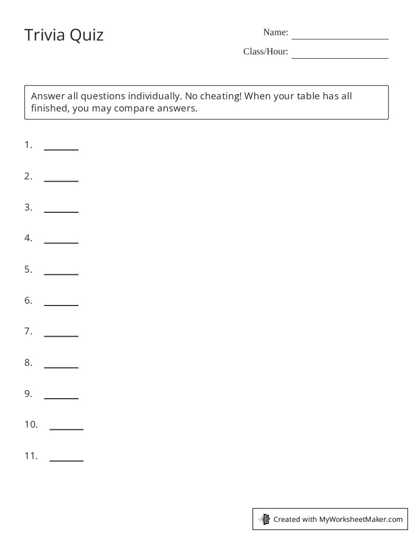 Trivia Quiz - My Worksheet Maker: Create Your Own Worksheets
