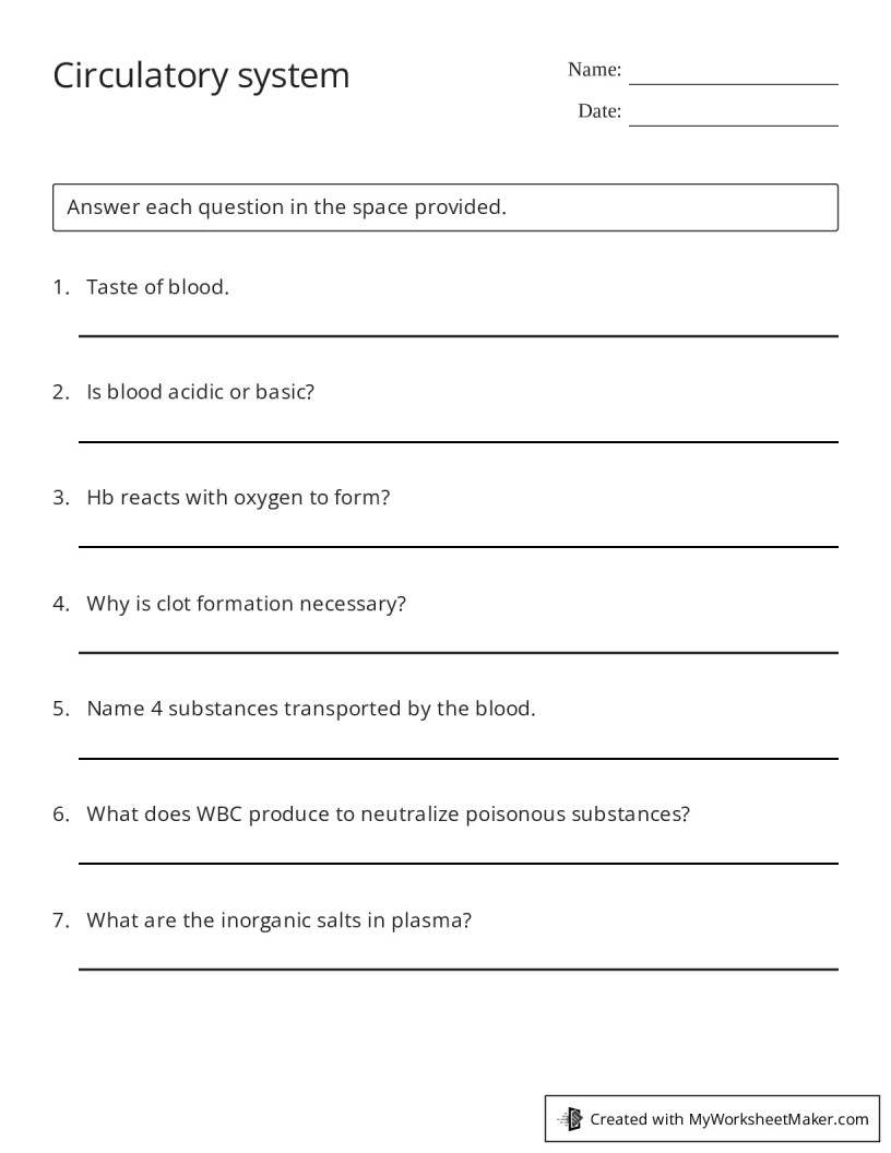 Circulatory system - My Worksheet Maker: Create Your Own Worksheets