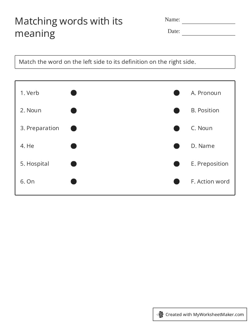 Matching words with its meaning - My Worksheet Maker: Create Your Own ...