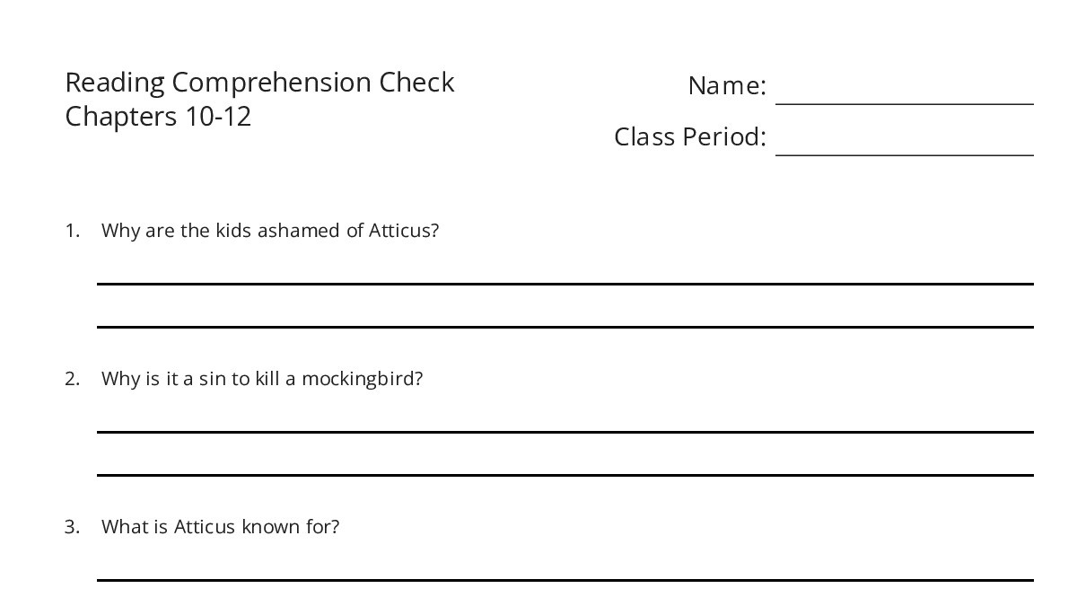 Reading Comprehension Check Chapters 10-12 - My Worksheet Maker: Create ...
