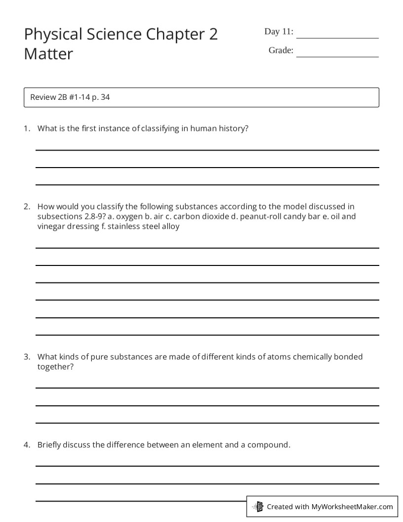 Physical Science Chapter 2 Matter - My Worksheet Maker: Create Your Own ...
