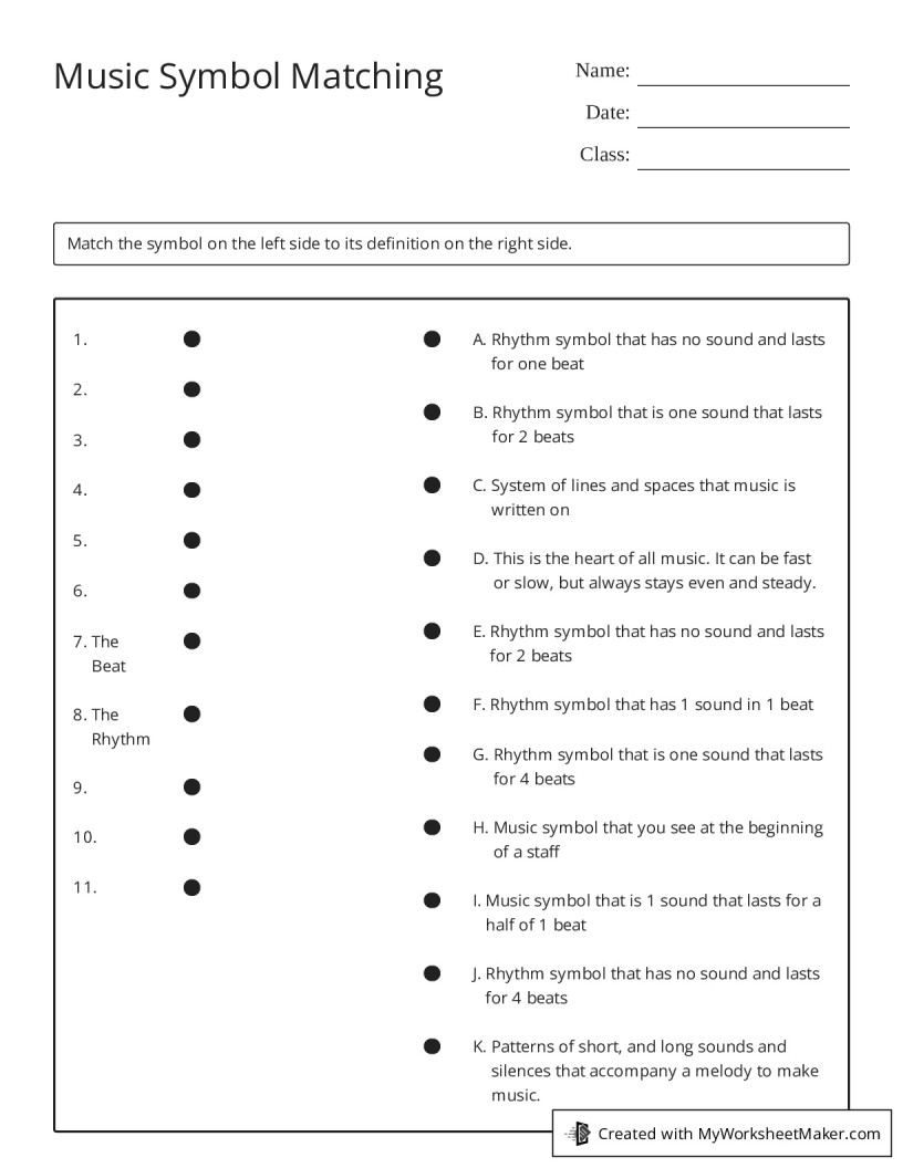 Music Symbol Matching - My Worksheet Maker: Create Your Own Worksheets