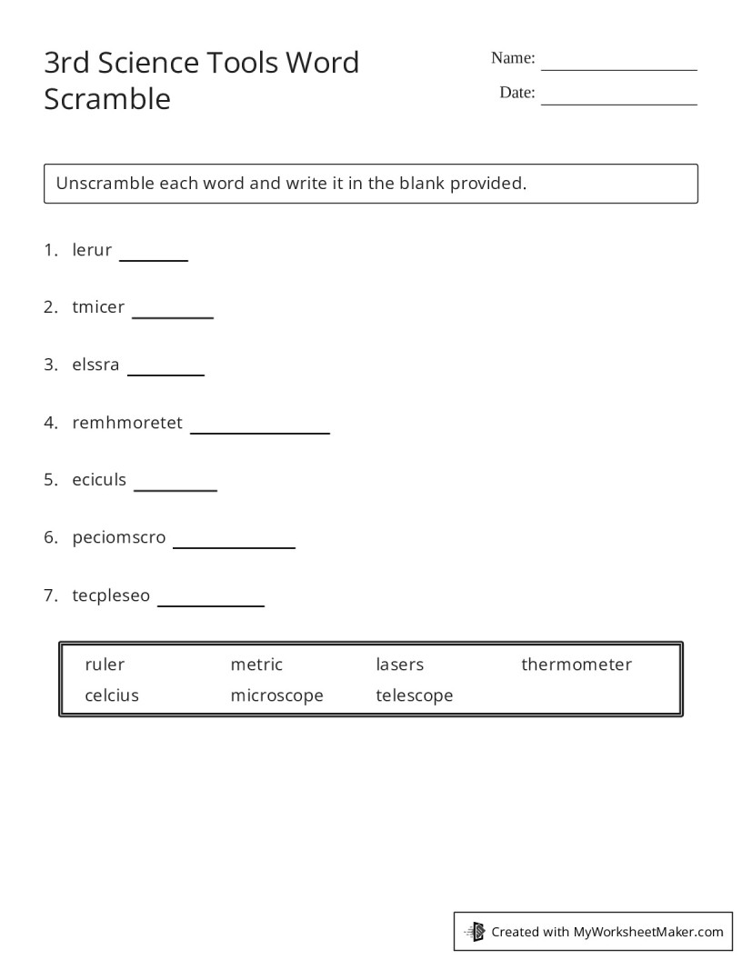 3rd Science Tools Word Scramble - My Worksheet Maker: Create Your Own ...