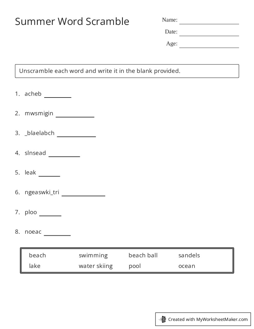 Summer Word Scramble - My Worksheet Maker: Create Your Own Worksheets
