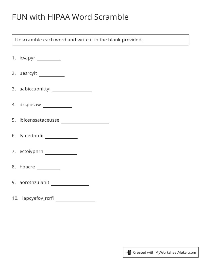 FUN with HIPAA Word Scramble - My Worksheet Maker: Create Your Own ...