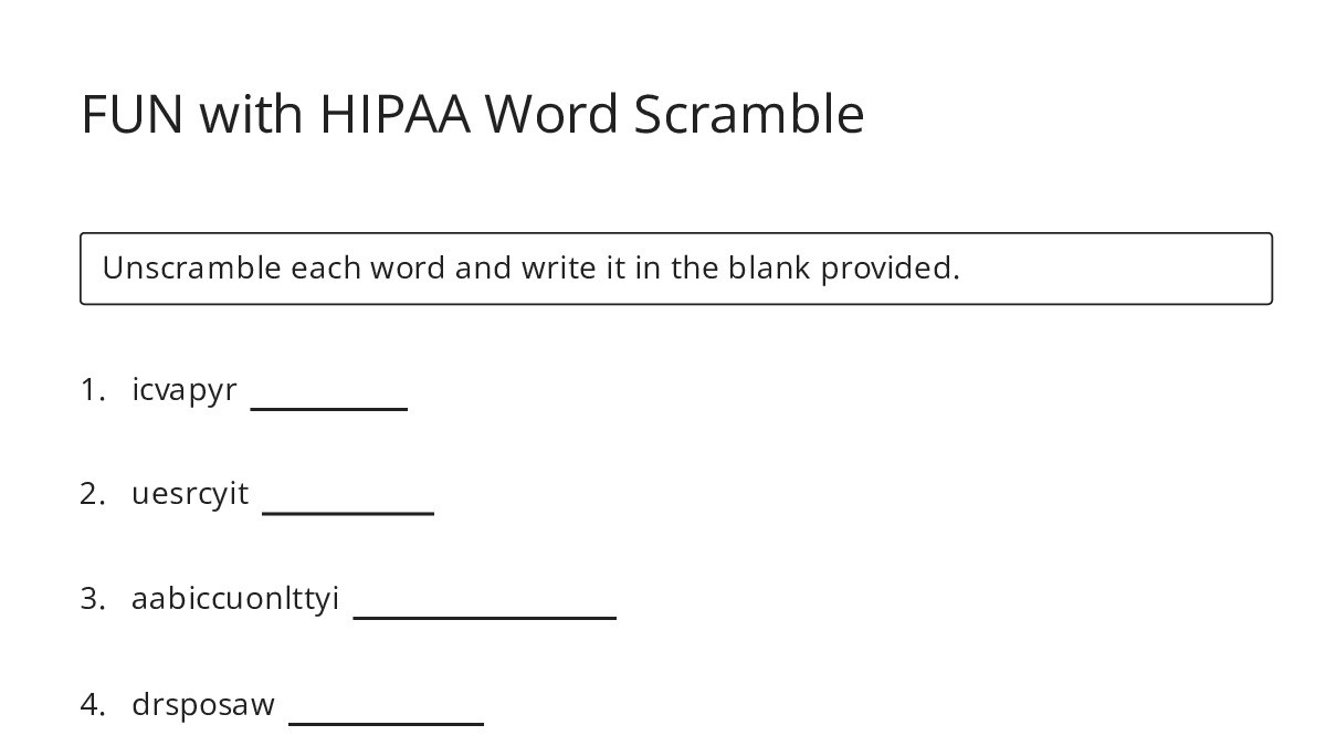 FUN with HIPAA Word Scramble - My Worksheet Maker: Create Your Own ...