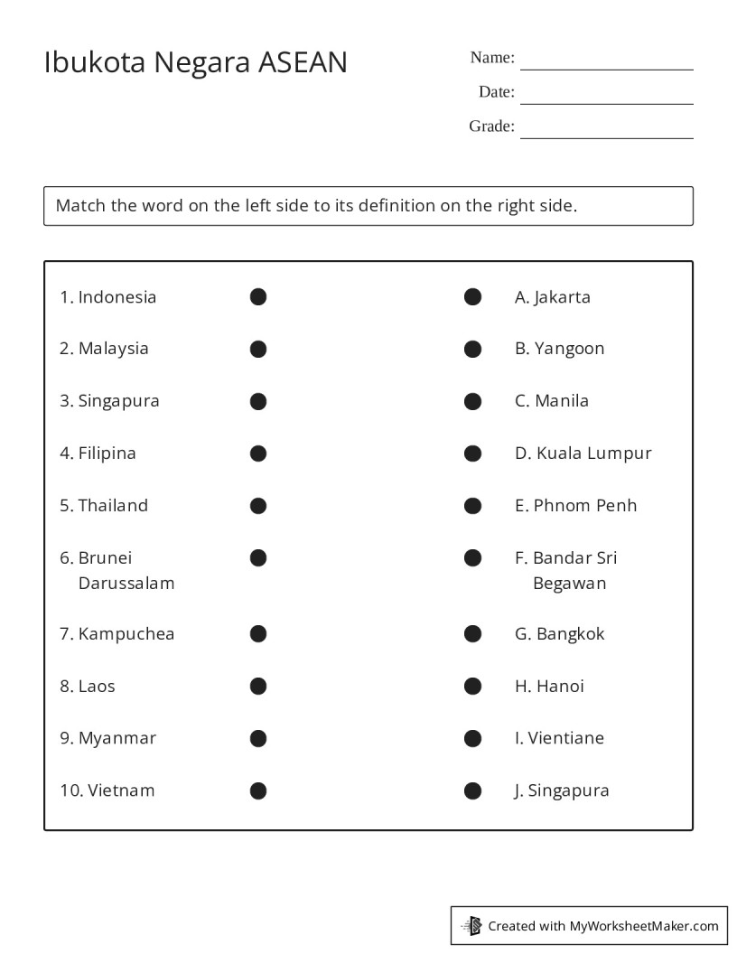 Ibukota Negara ASEAN - My Worksheet Maker: Create Your Own Worksheets