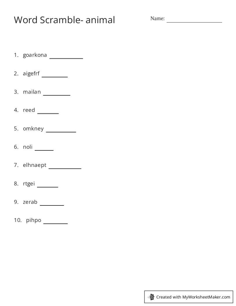 Word Scramble- animal - My Worksheet Maker: Create Your Own Worksheets