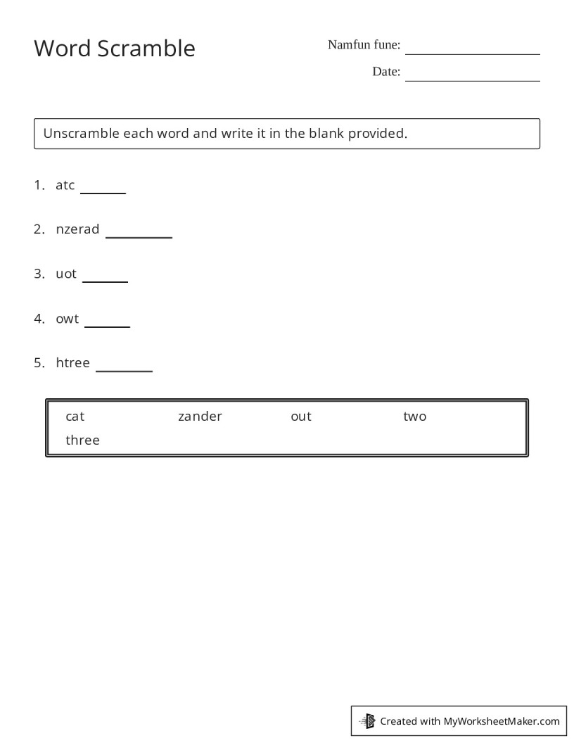 Word Scramble - My Worksheet Maker: Create Your Own Worksheets