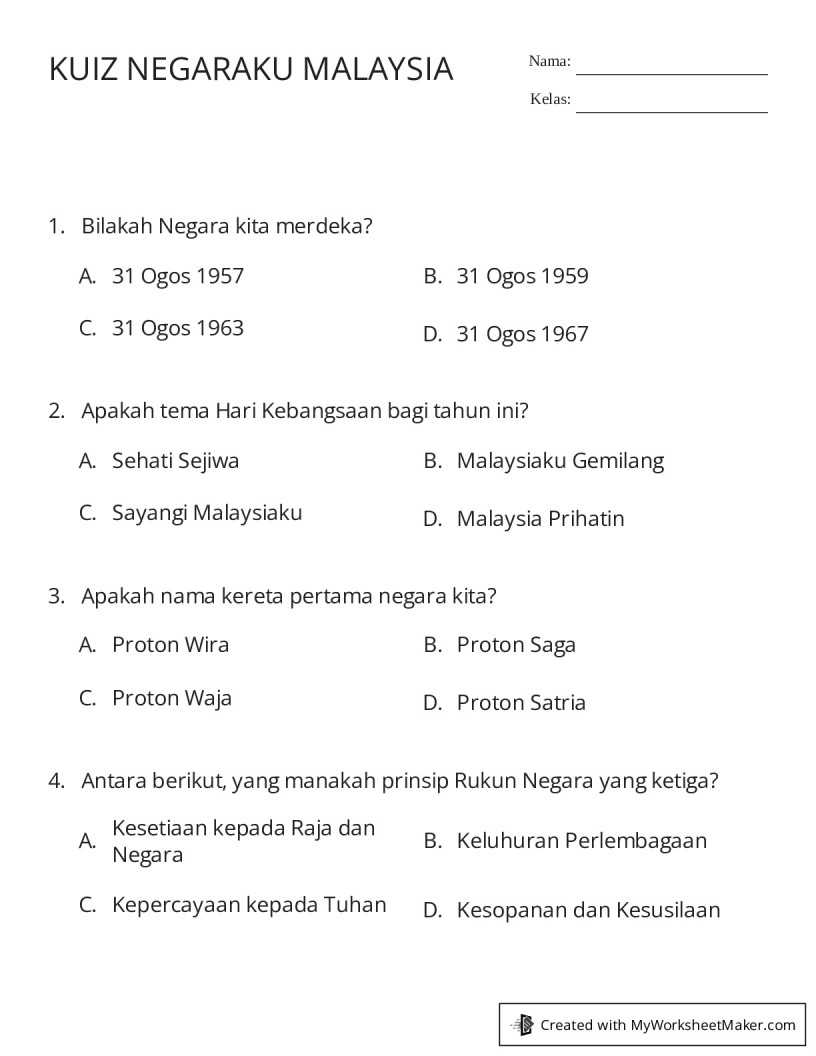 KUIZ NEGARAKU MALAYSIA - My Worksheet Maker: Create Your Own Worksheets