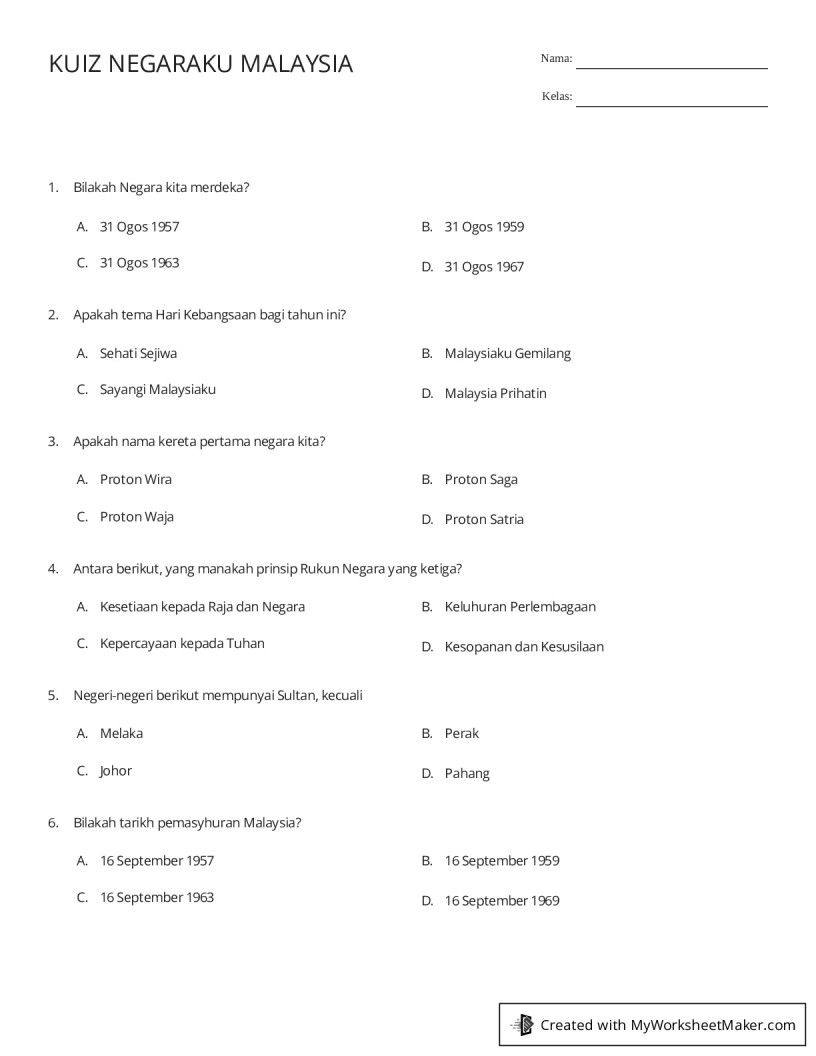 KUIZ NEGARAKU MALAYSIA - My Worksheet Maker: Create Your Own Worksheets