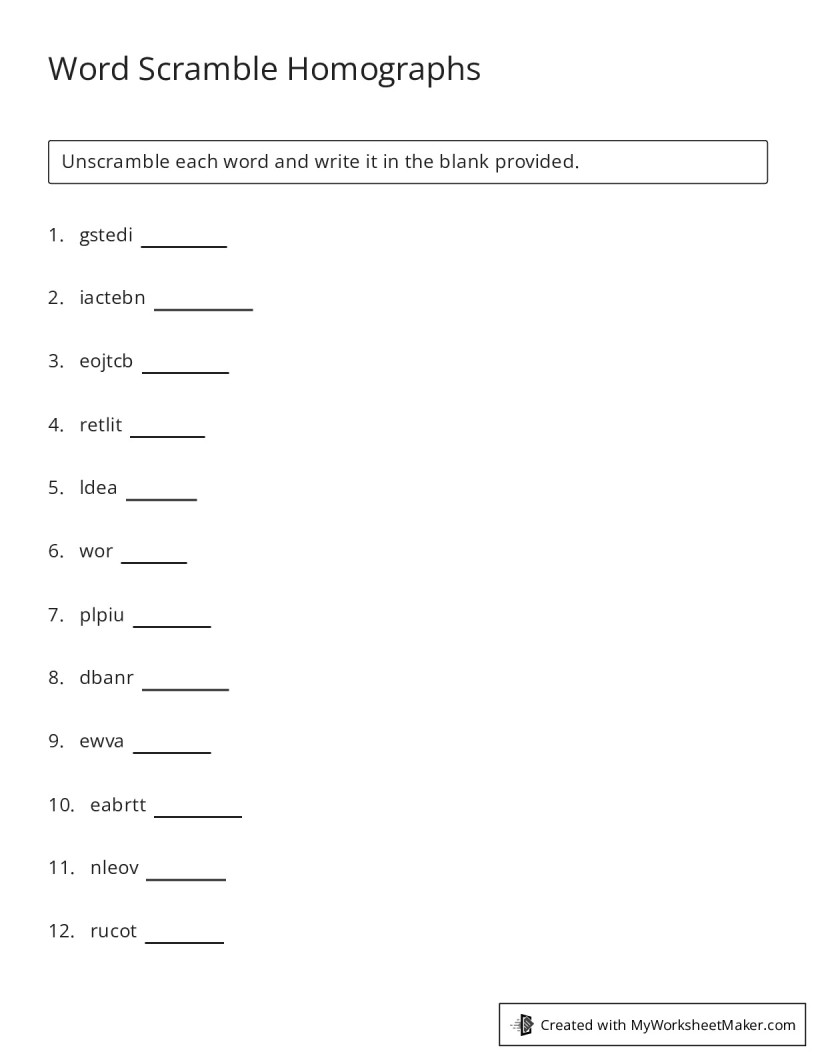 Word Scramble Homographs - My Worksheet Maker: Create Your Own Worksheets