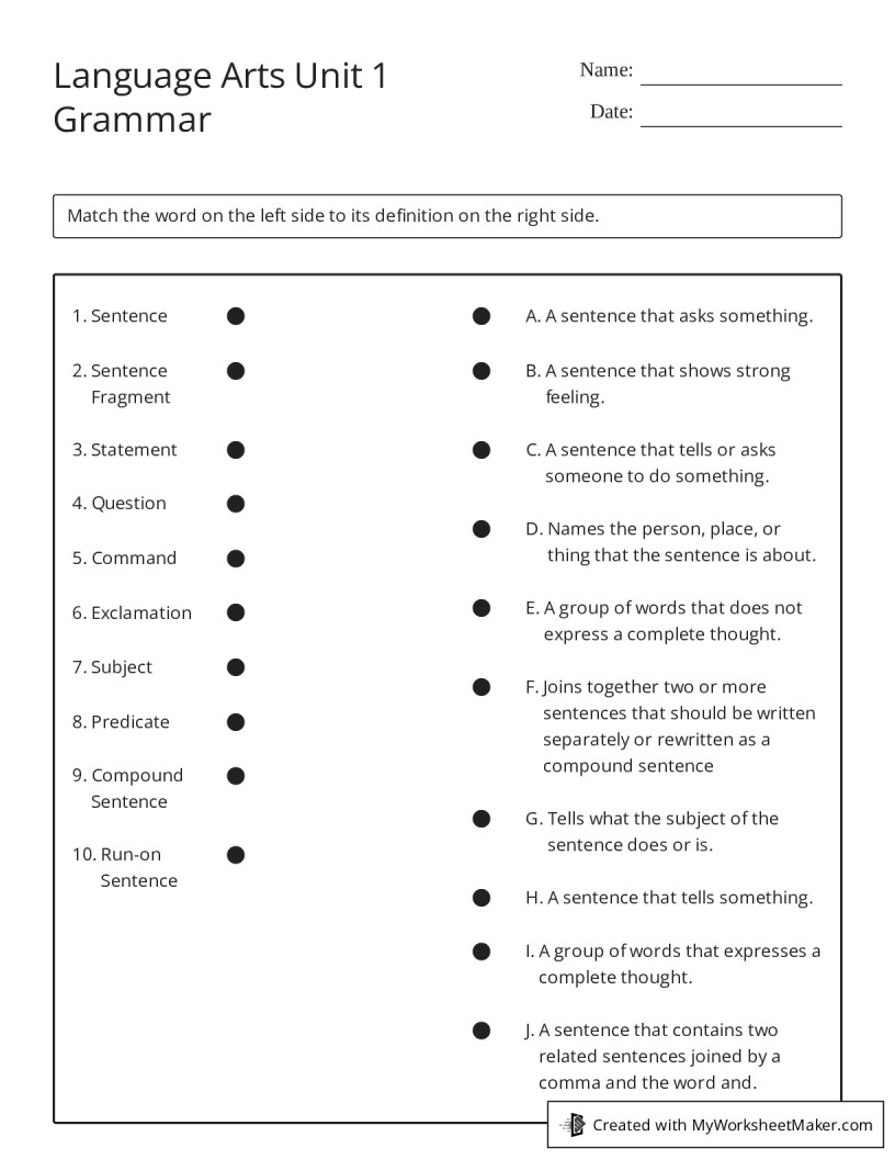Language Arts Unit 1 Grammar - My Worksheet Maker: Create Your Own ...