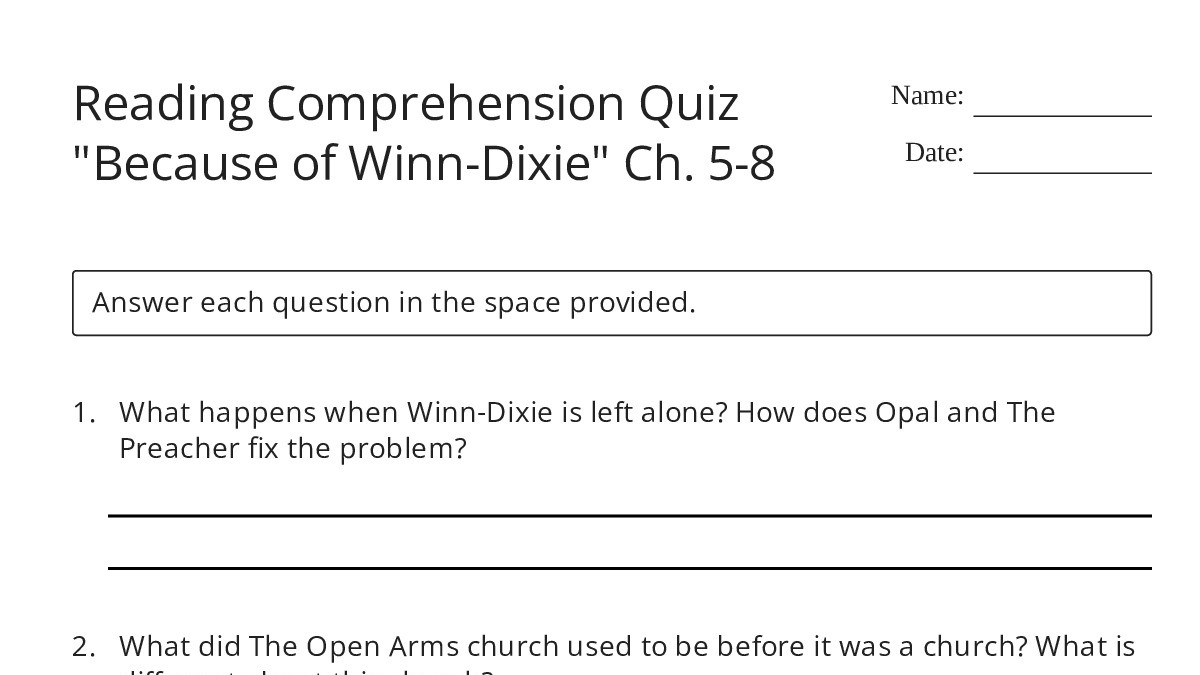 Reading Comprehension Quiz "Because of Winn-Dixie" Ch. 5-8 - My ...