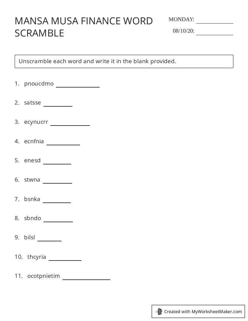 MANSA MUSA FINANCE WORD SCRAMBLE - My Worksheet Maker: Create Your Own ...