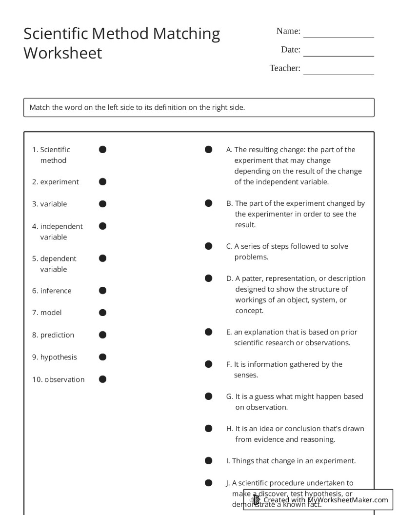 Scientific Method Matching Worksheet - My Worksheet Maker: Create Your ...