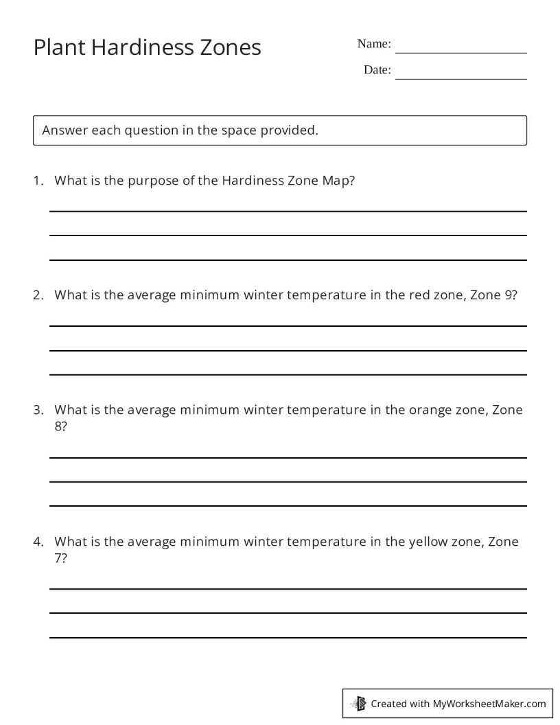 Plant Hardiness Zones - My Worksheet Maker: Create Your Own Worksheets