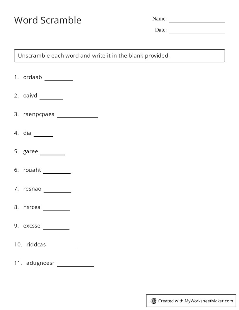 Word Scramble - My Worksheet Maker: Create Your Own Worksheets