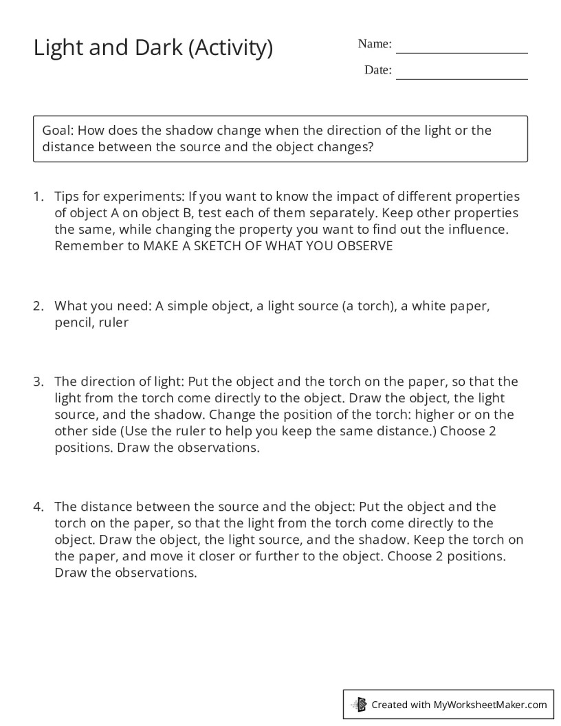 Light and Dark (Activity) - My Worksheet Maker: Create Your Own Worksheets
