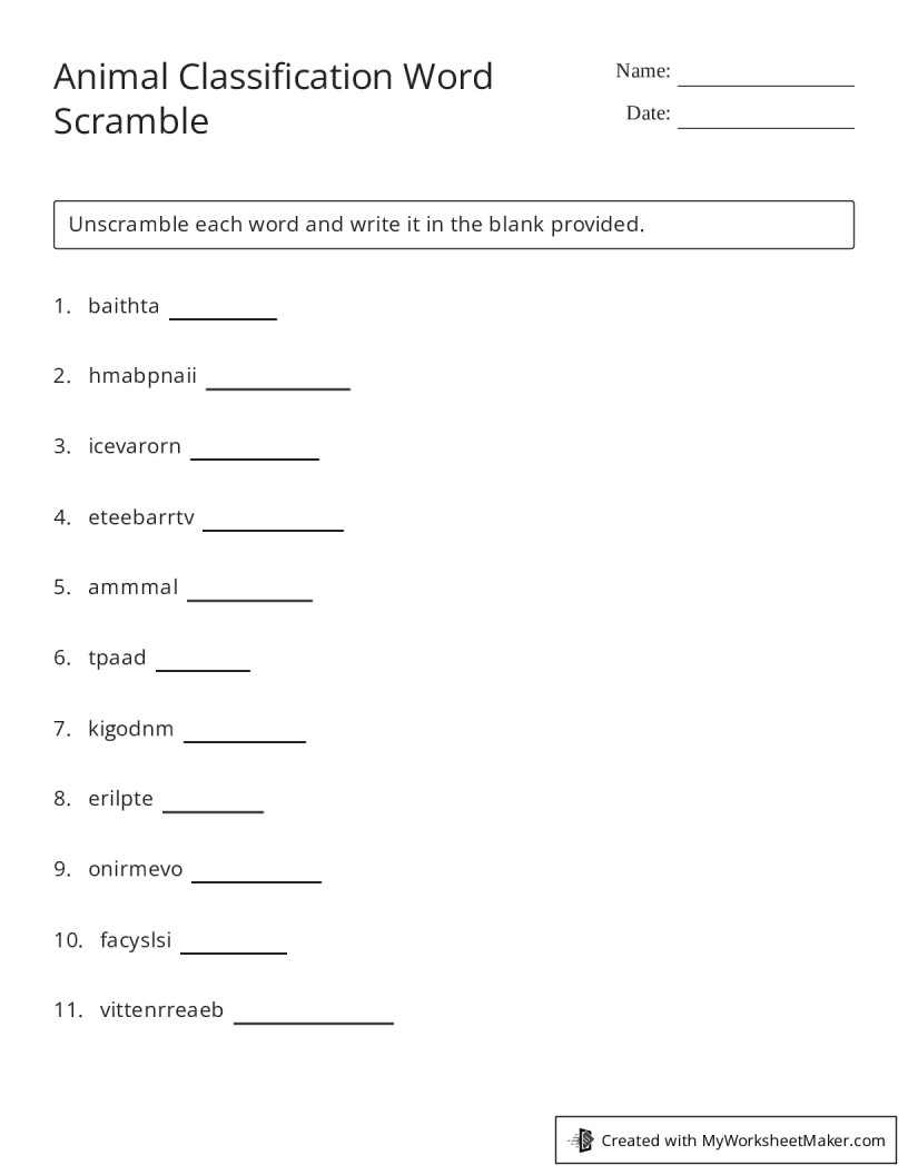 Animal Classification Word Scramble - My Worksheet Maker: Create Your ...