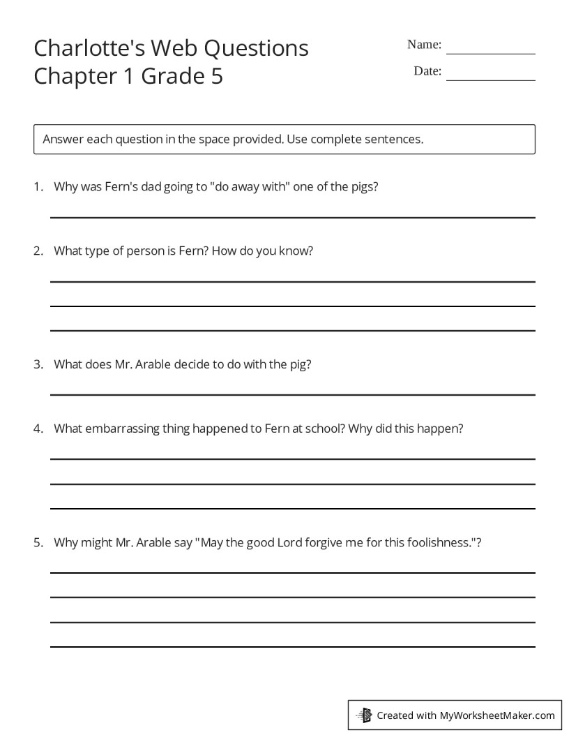 Charlottes Web Worksheets Chapter 1 Vocabulary Charlottes Web Chapters