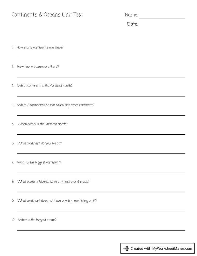 Continents & Oceans Unit Test - My Worksheet Maker: Create Your Own ...