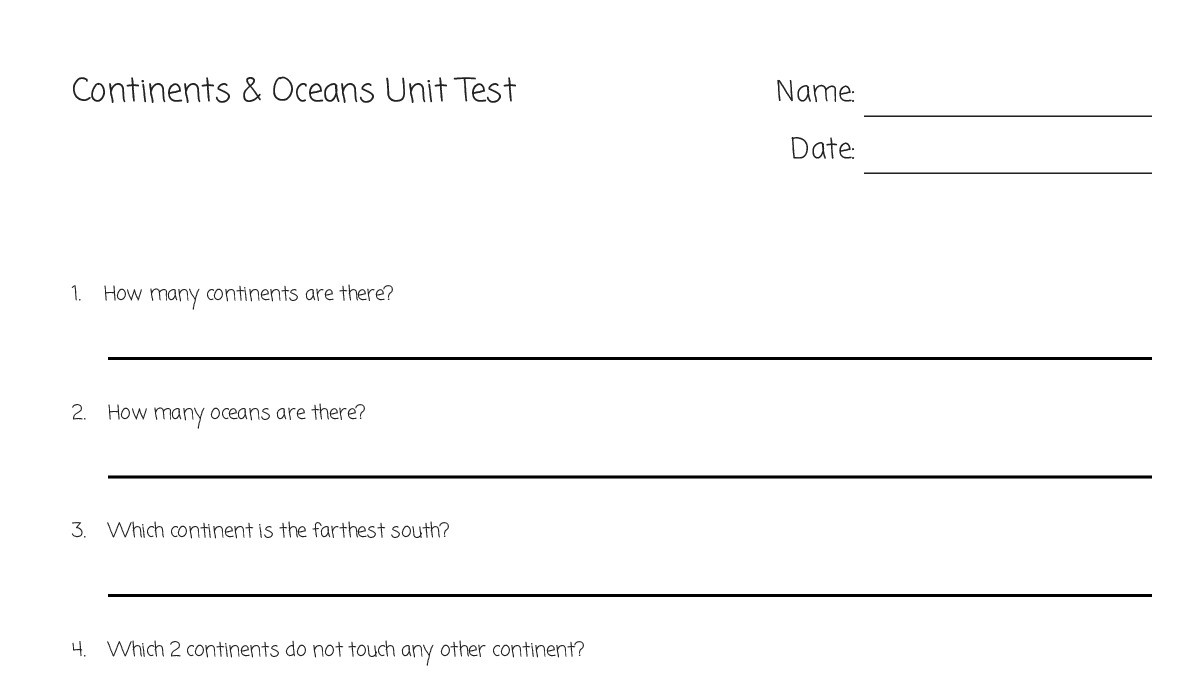 Continents & Oceans Unit Test - My Worksheet Maker: Create Your Own ...
