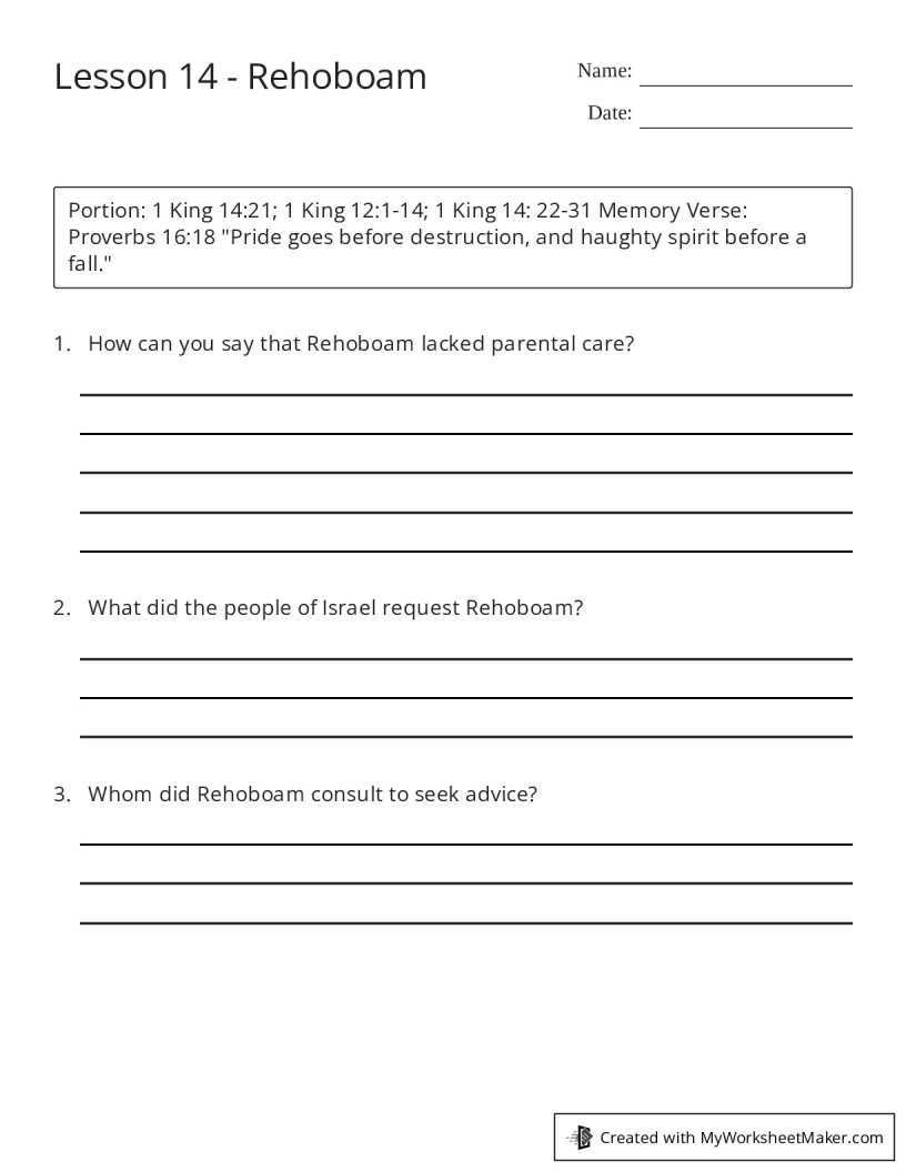 Lesson 14 - Rehoboam - My Worksheet Maker: Create Your Own Worksheets