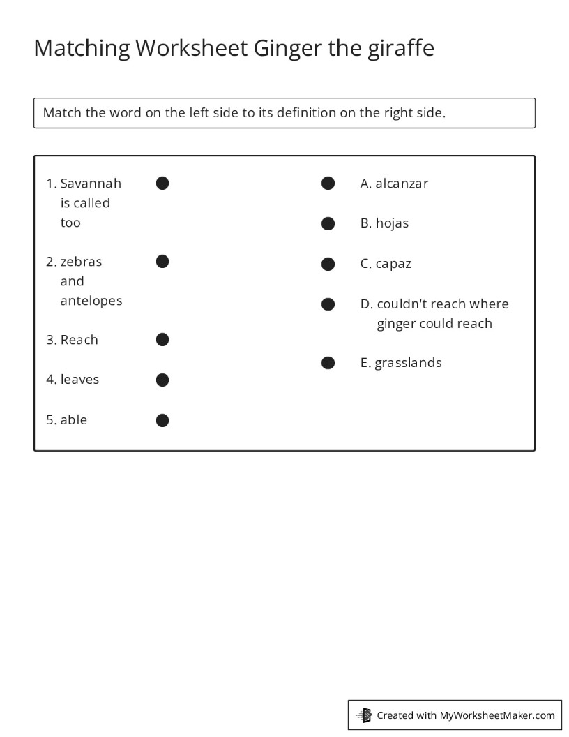 Matching Worksheet Ginger the giraffe - My Worksheet Maker: Create Your ...