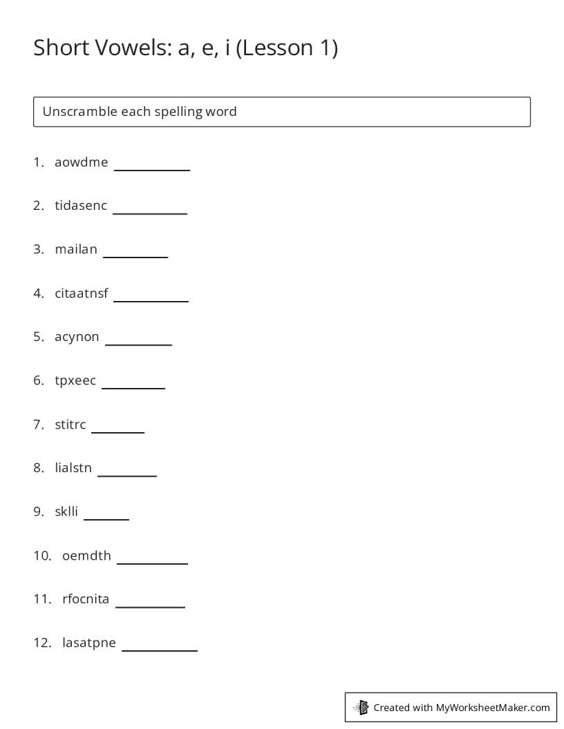 Short Vowels: a, e, i (Lesson 1) - My Worksheet Maker: Create Your Own ...
