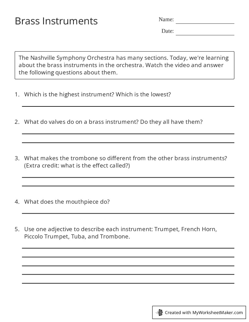Brass Instruments - My Worksheet Maker: Create Your Own Worksheets