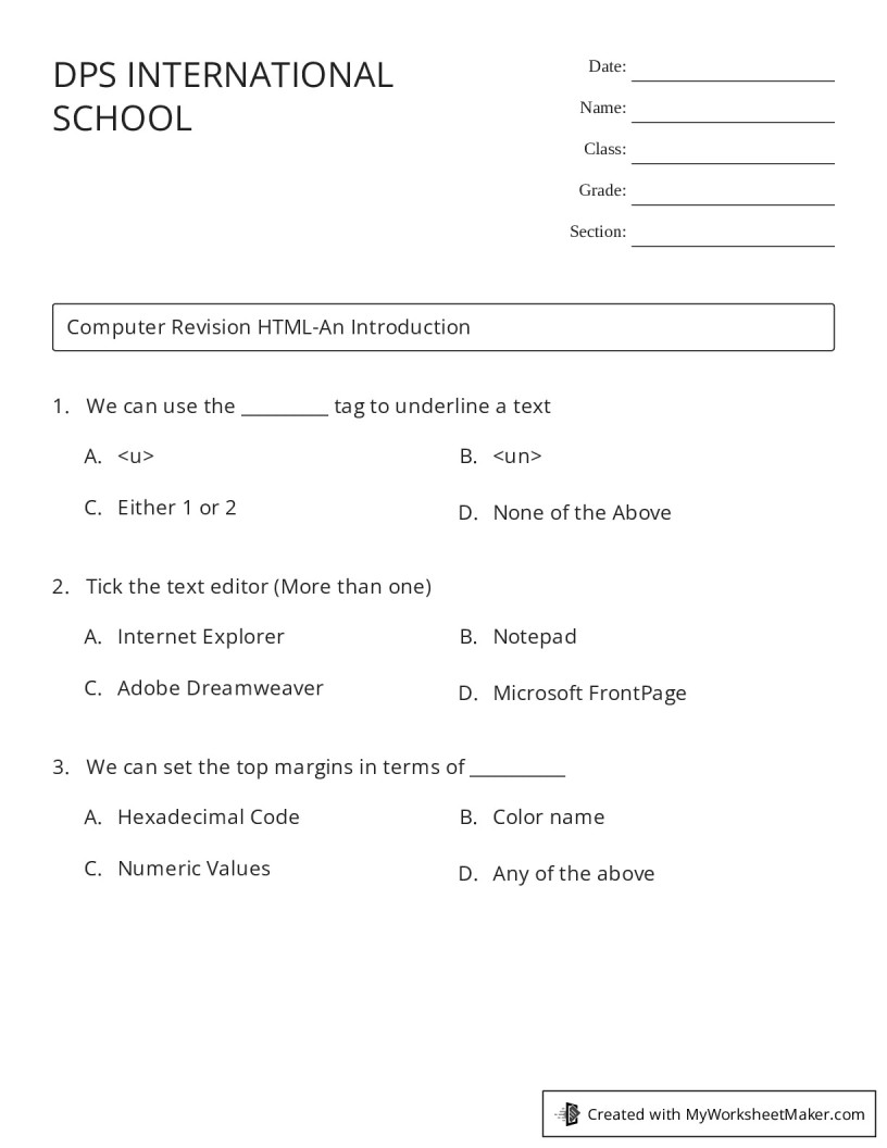 DPS INTERNATIONAL SCHOOL - My Worksheet Maker: Create Your Own Worksheets