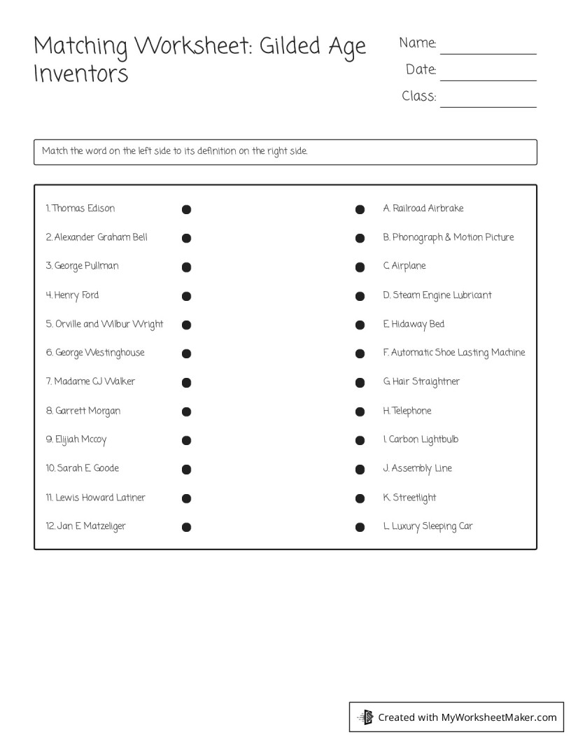 Matching Worksheet: Gilded Age Inventors - My Worksheet Maker: Create ...