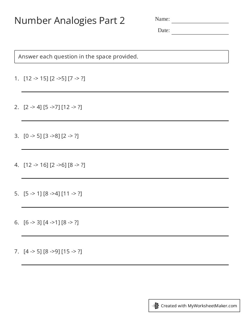 Number Analogies Part 2 - My Worksheet Maker: Create Your Own Worksheets