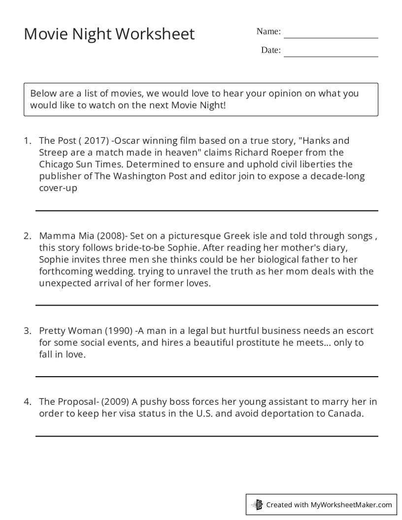 Movie Night Worksheet - My Worksheet Maker: Create Your Own Worksheets