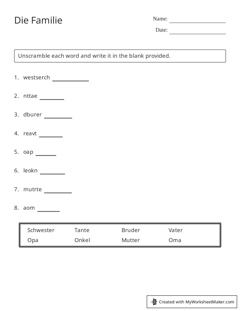 Die Familie - My Worksheet Maker: Create Your Own Worksheets