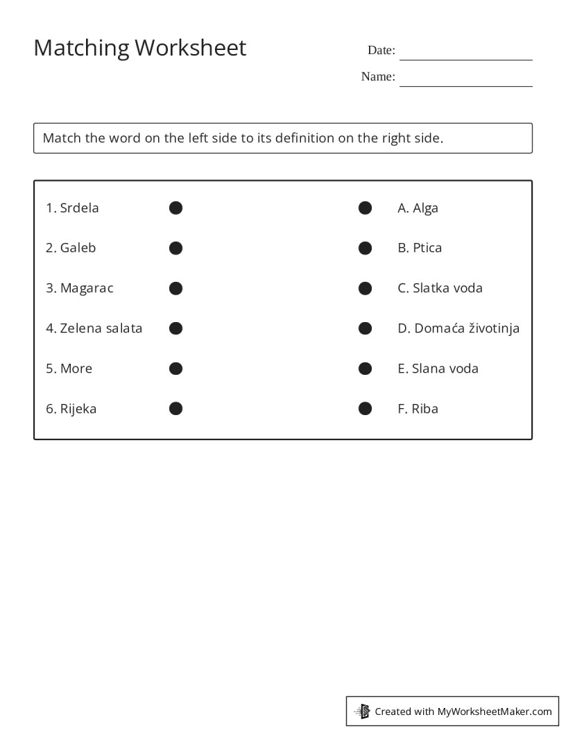 Matching Worksheet - My Worksheet Maker: Create Your Own Worksheets