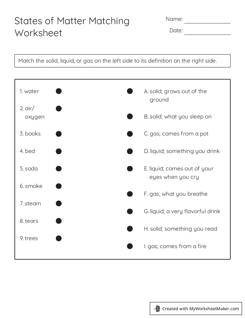 States of Matter Matching Worksheet - My Worksheet Maker: Create Your ...