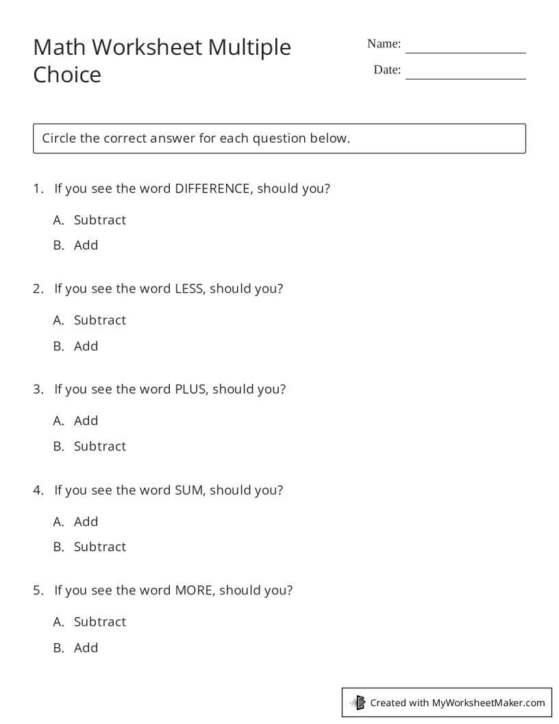 Math Worksheet Multiple Choice - My Worksheet Maker: Create Your Own ...