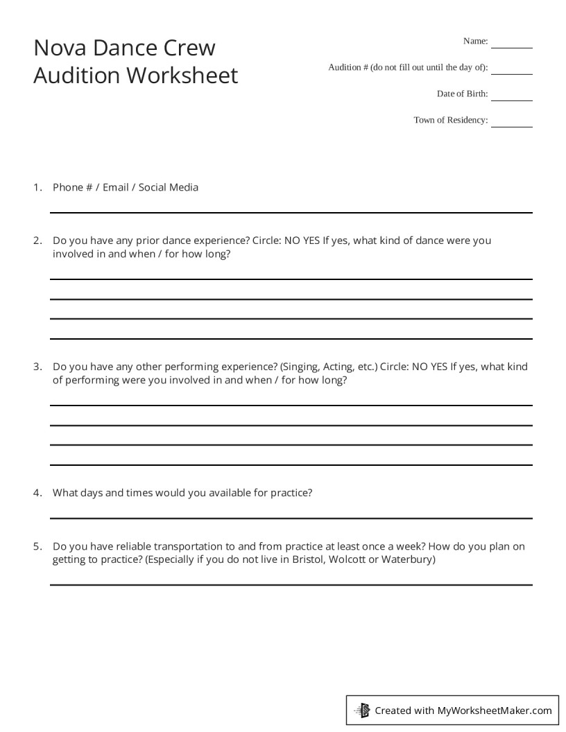 Nova Dance Crew Audition Worksheet - My Worksheet Maker: Create Your ...